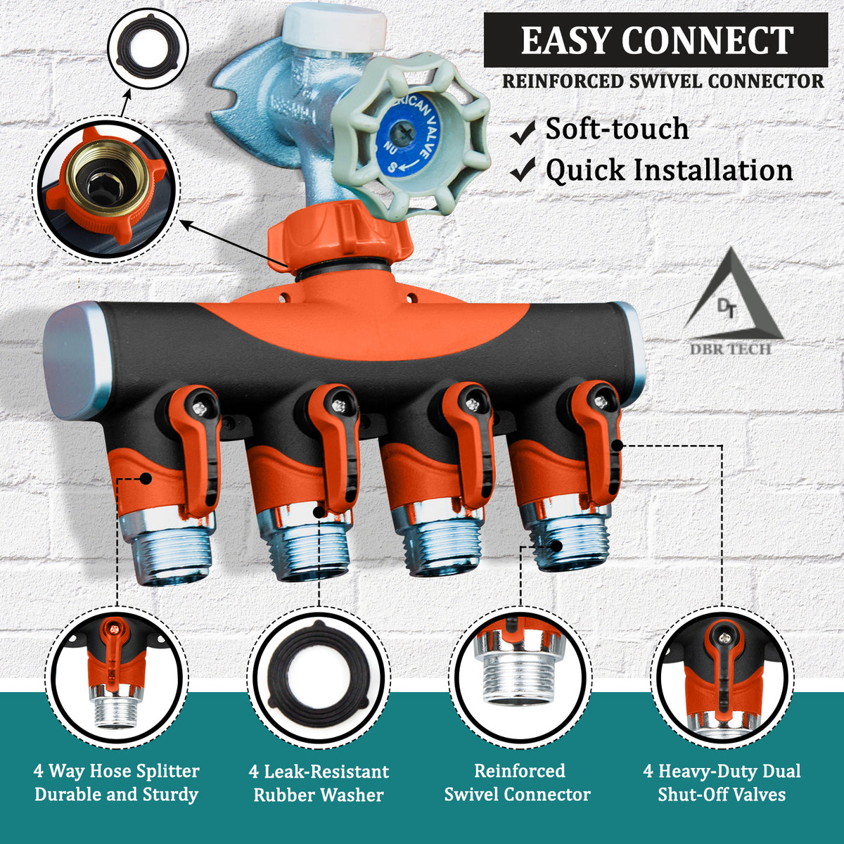 Hose Splitter 4 Way, Heavy Duty Metal Connector, Garden Hose Splitter ...